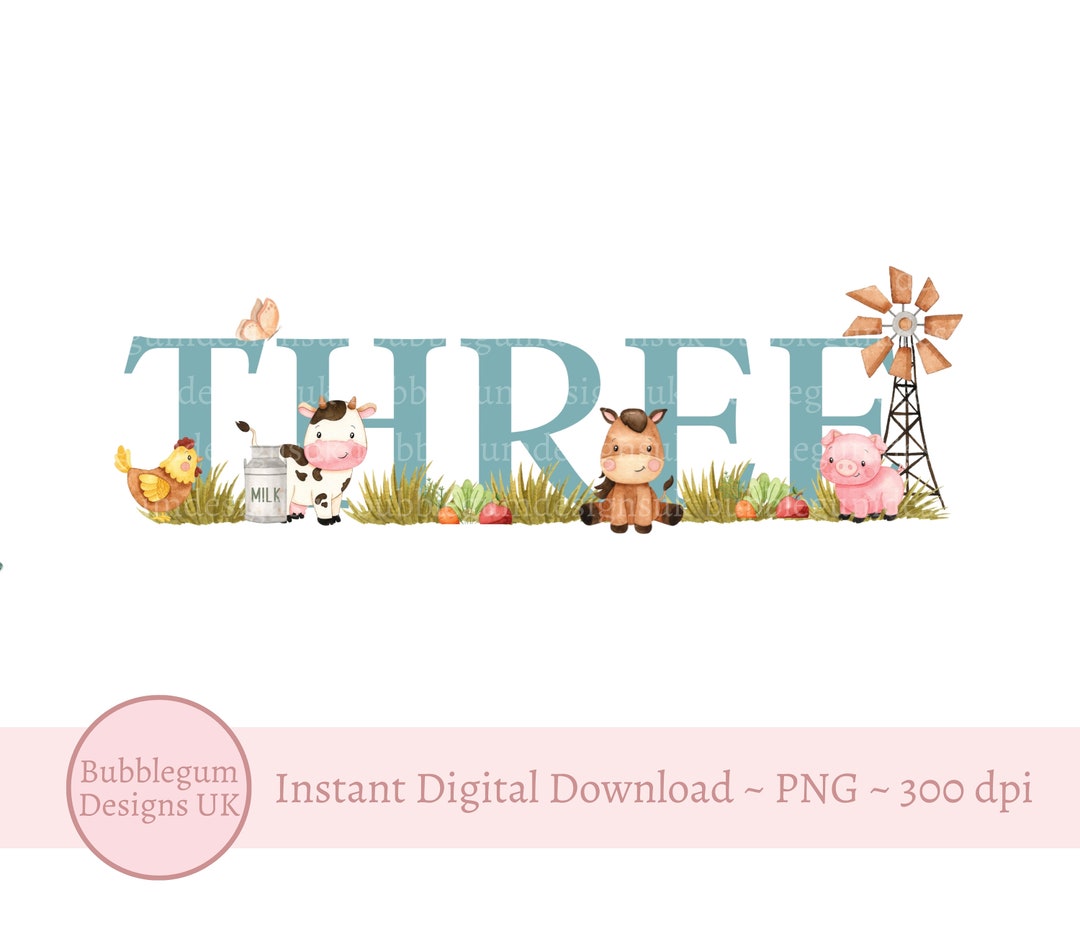 Blue Farm THREE 3rd Birthday PNG, Farm Animals Sublimation Design ...