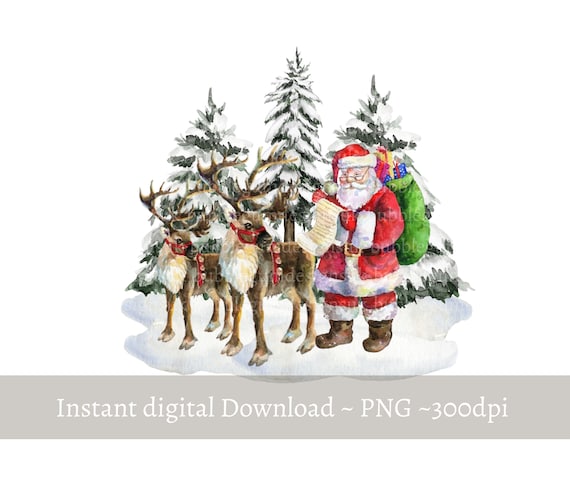 Santa and Reindeers Christmas PNG Christmas Clip Art Vintage - Etsy