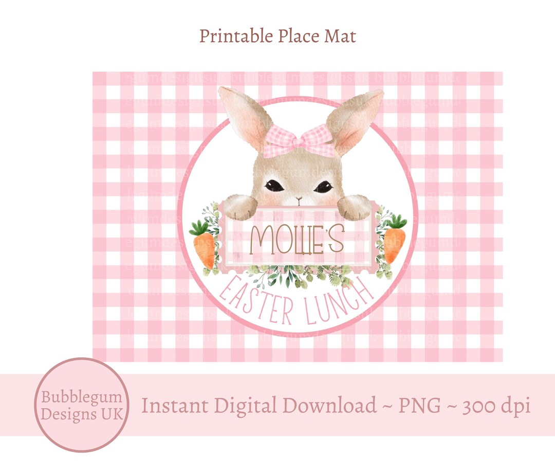 Pink Easter Bunny Printable Placemat JPG, Cute Easter Design, Kids ...