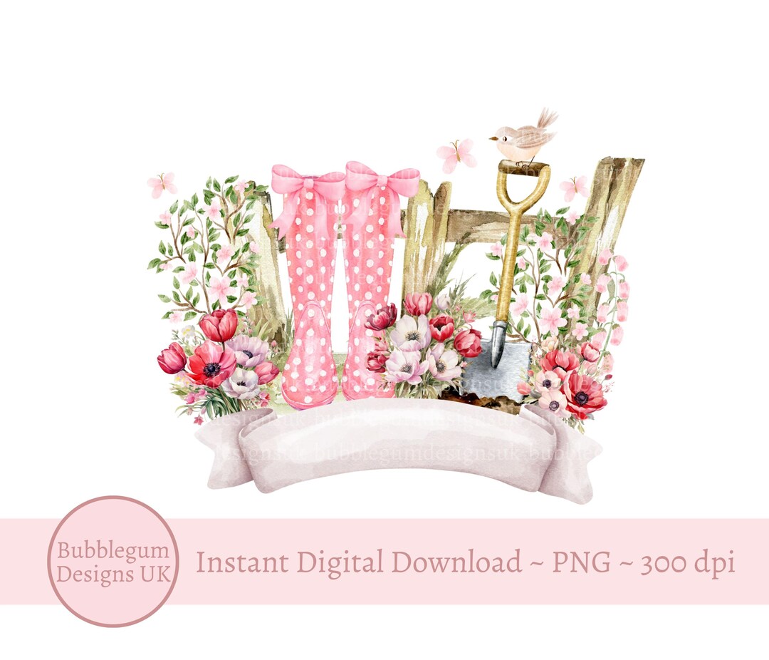 Blank Banner Pink Wellies Garden PNG, Gardening Sublimation Design ...