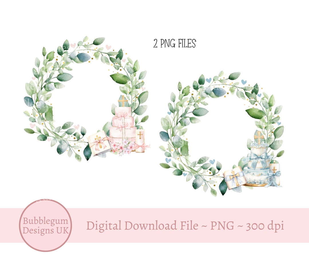 Set of 2 Pink & Blue Baptism Christening Wreaths PNG, Christening ...