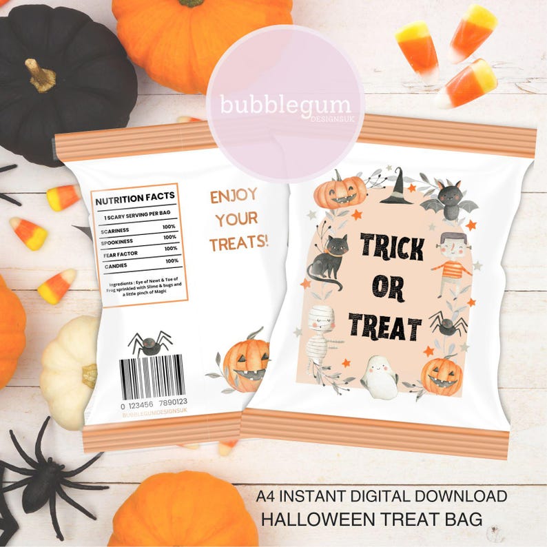 Halloween Treat Packet, A4 Printable JPG, Trick or Treat Bag, Halloween ...