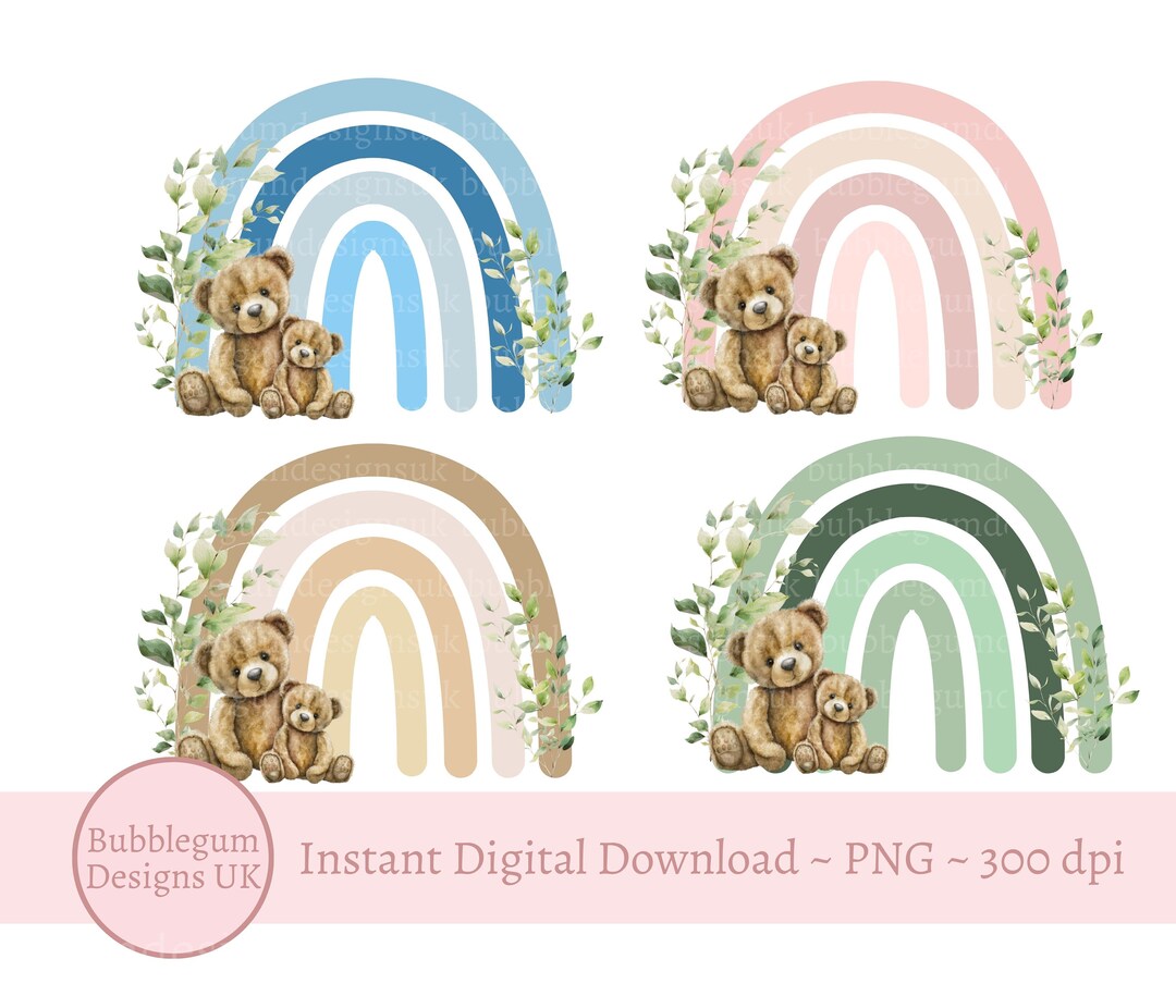 Set of 4 Teddy Bear Rainbows, PNG, Coloured Rainbows, Mother's Day ...