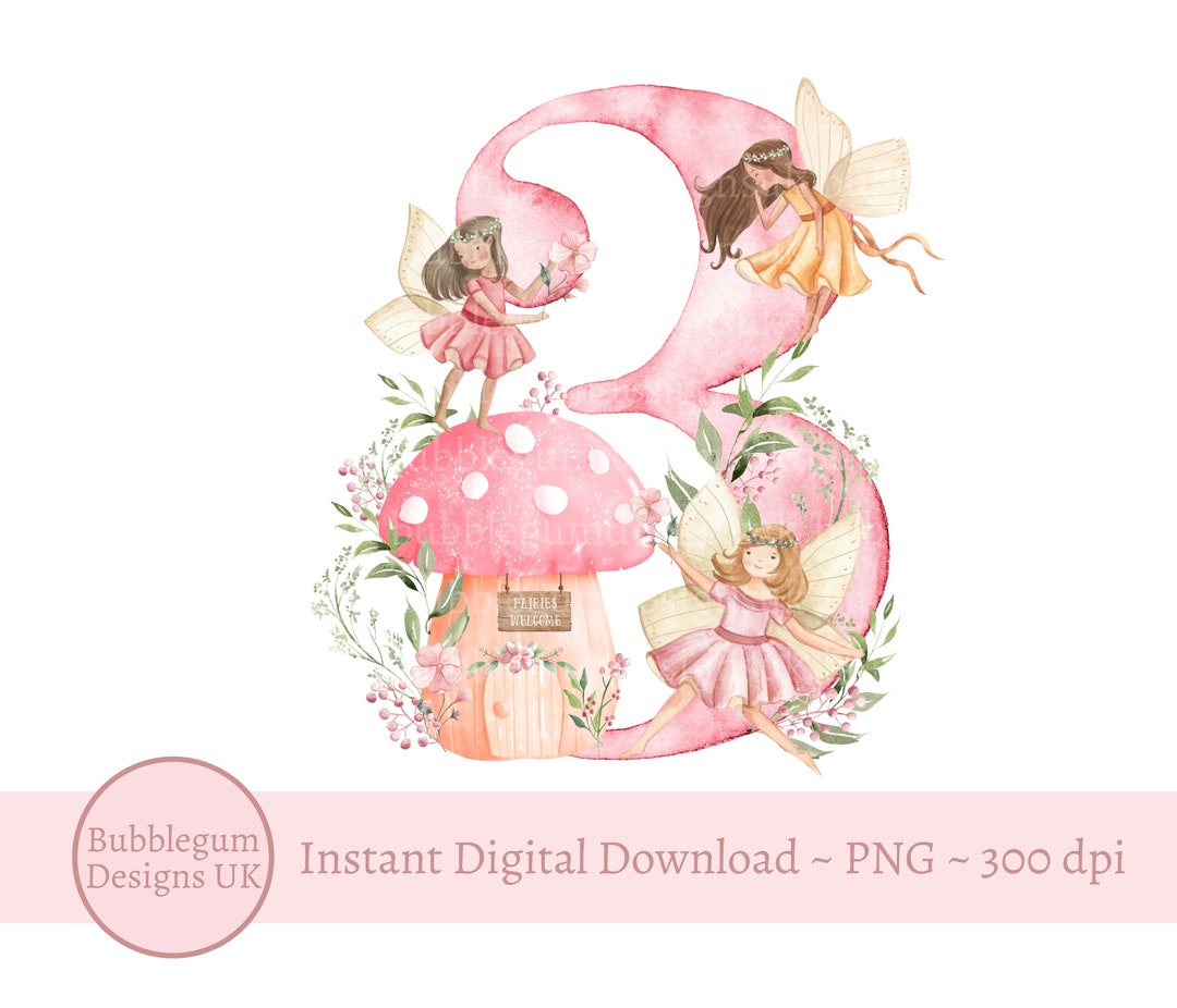 Pink Fairy Toadstool Number 3 PNG, Fairies Sublimation Design, Fairy ...