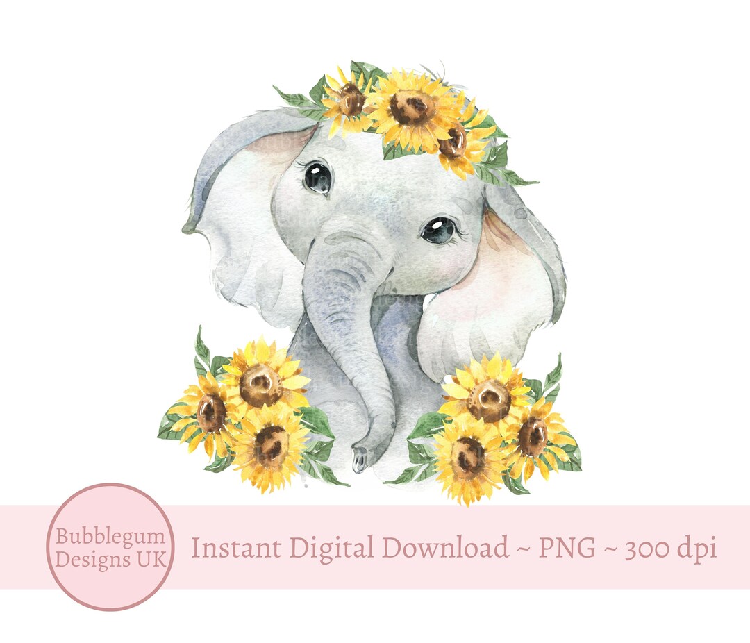 Baby Elephant Sunflower Floral Crown PNG, Watercolor Elephant ...