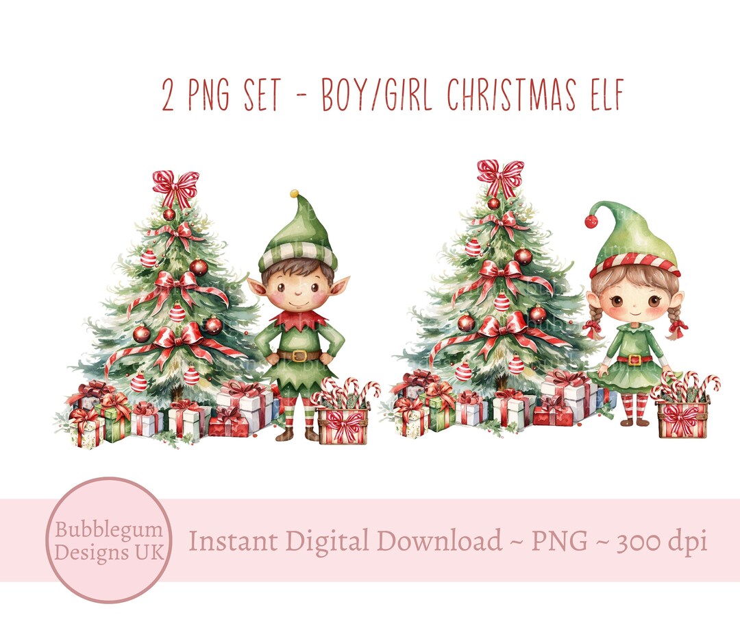 Boy Elf & Girl Elf With Christmas Tree, PNG, Set of 2 Elf Designs ...