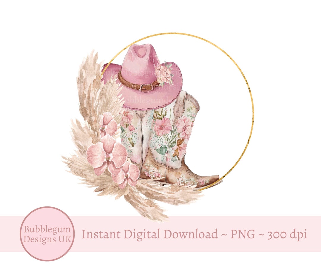 Boho Pink Cowgirl Hat & Boots Wreath, Pink Cow Girl Boots, PNG, Cowgirl ...