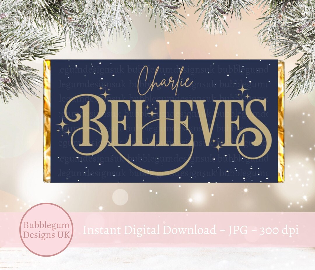 Dark Blue BELIEVES Christmas Wrapper, A4 Printable Chocolate Candy Wrapper, Stocking Stuffer ...