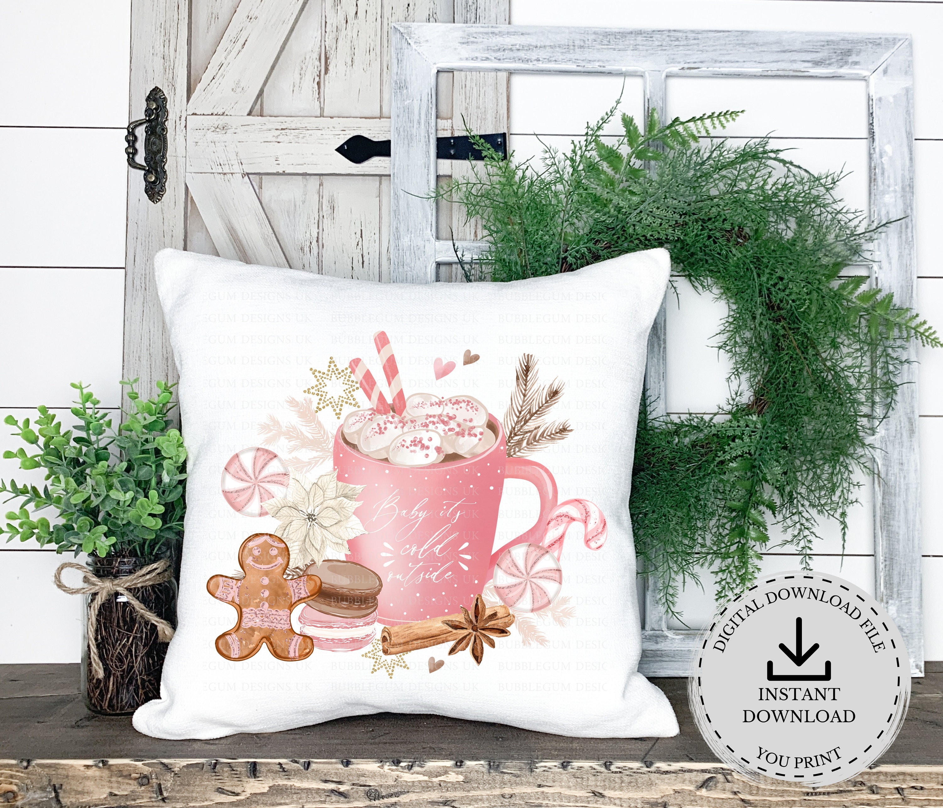 Pink Gingerbread & Hot Cocoa Mug PNG, Pink Christmas Sublimation Design ...