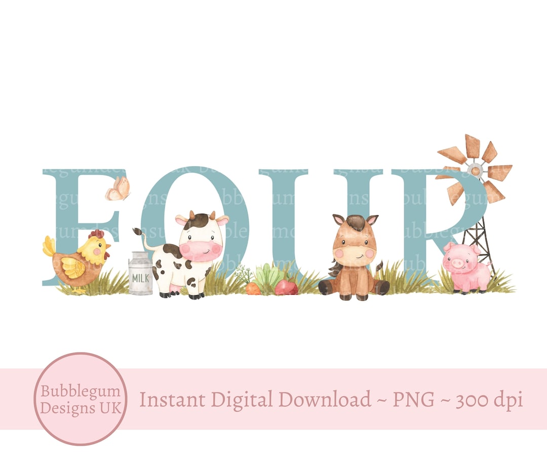 Blue Farm FOUR 4th Birthday PNG, Farm Animals Sublimation Design ...