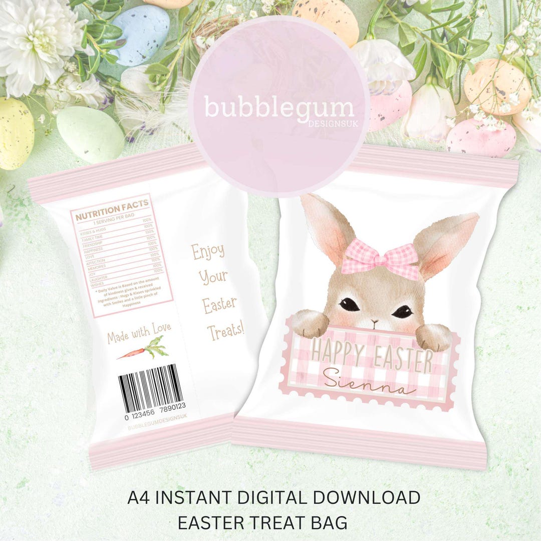 Pink Gingham Bunny Easter Treat Packet, A4 Printable JPG, Easter Treat ...