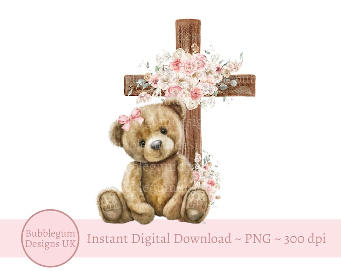 Pink Floral Wooden Cross & Teddy Bear PNG, Baptism, Christening ...