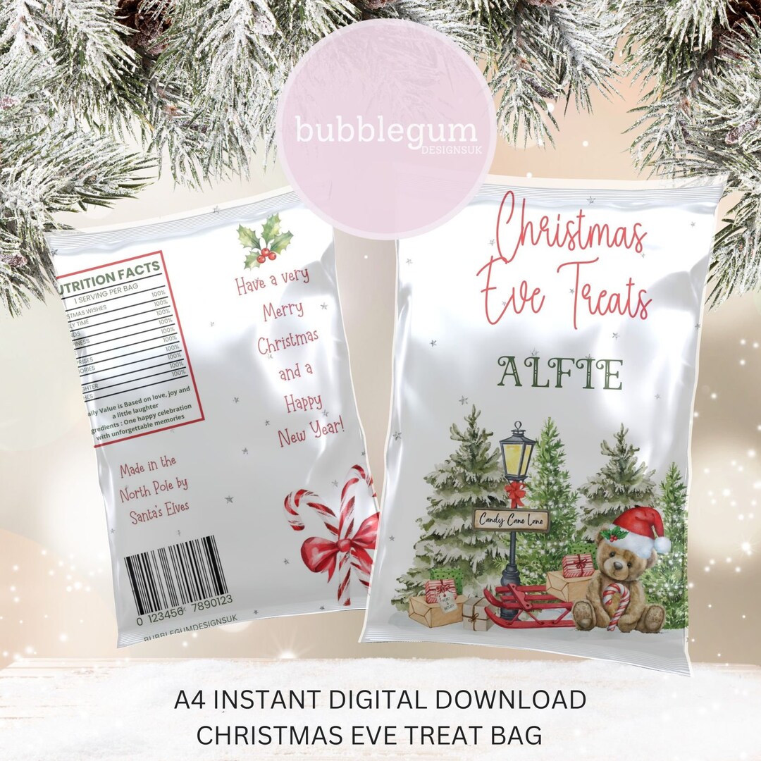 Candy Cane Lane Bear Christmas Eve Treat Packet, A4 Printable JPG ...