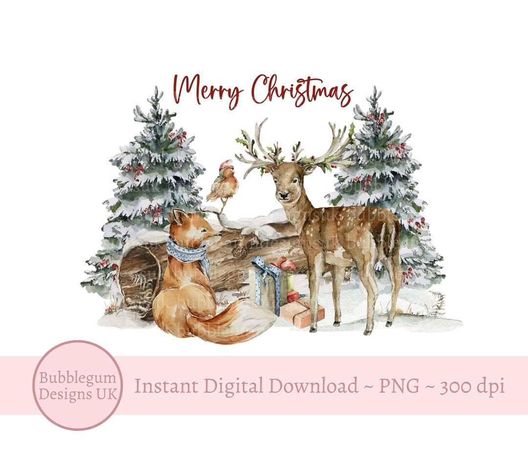 Christmas Forest PNG Woodland Deer & Fox Merry Christmas - Etsy