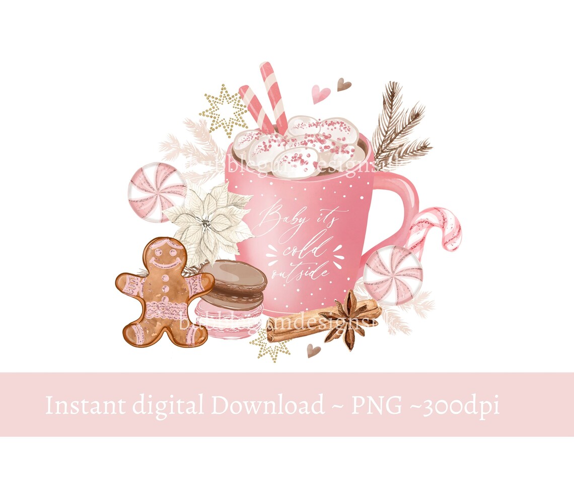 Pink Gingerbread & Hot Cocoa Mug PNG Pink Christmas - Etsy