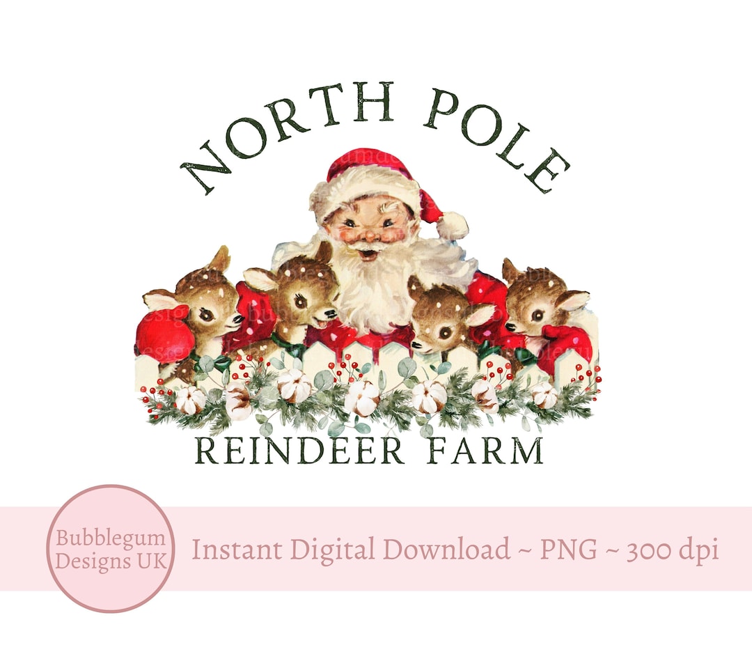 North Pole Santa & Reindeers Christmas PNG, Christmas Clip Art, Vintage ...