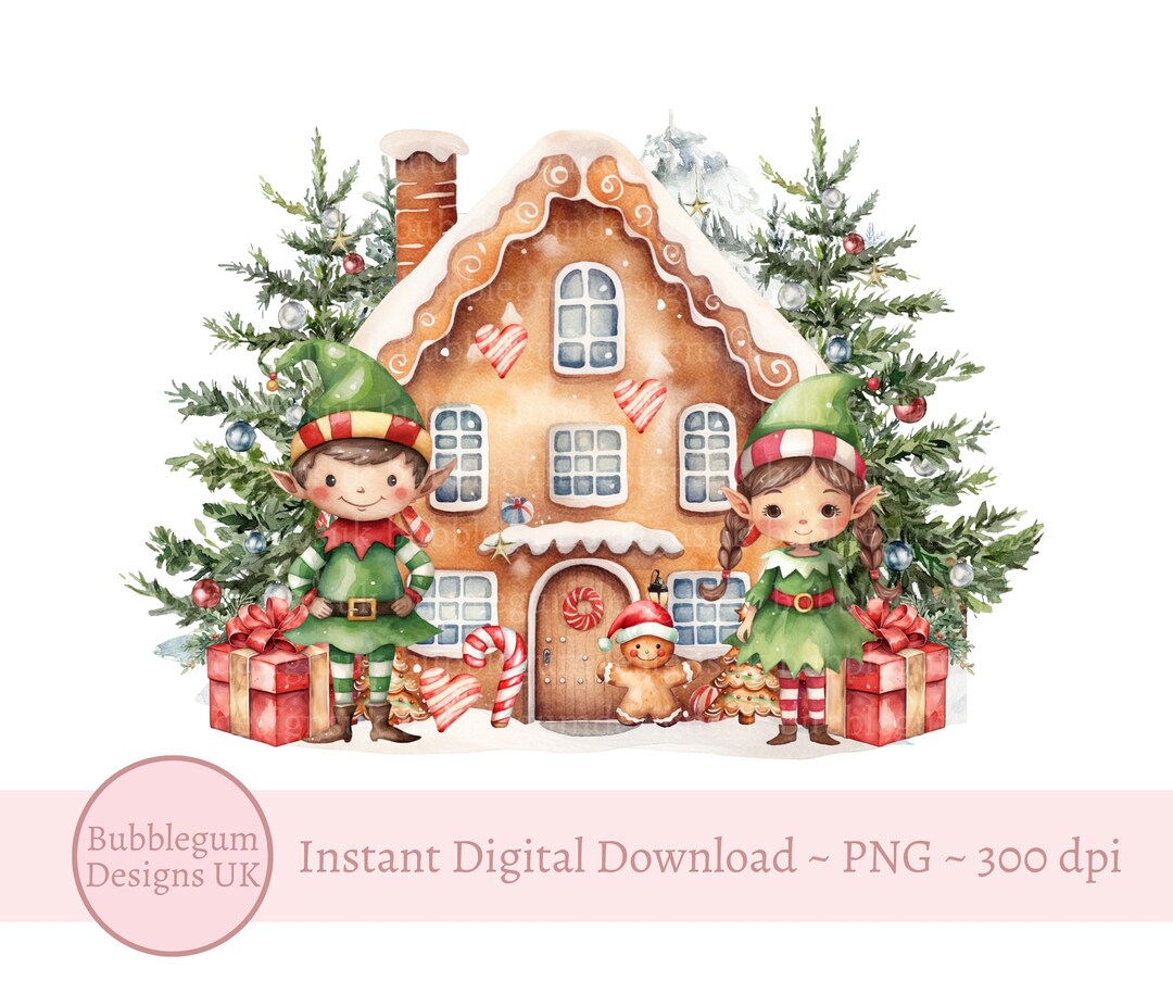 Christmas Gingerbread House & Elves PNG, Christmas Sublimation Design ...