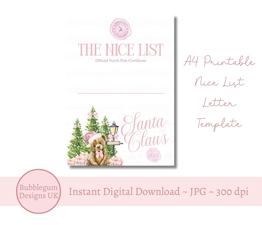 Santa's Nice List Certificate Template, A4 Pink Teddy Bear Christmas ...