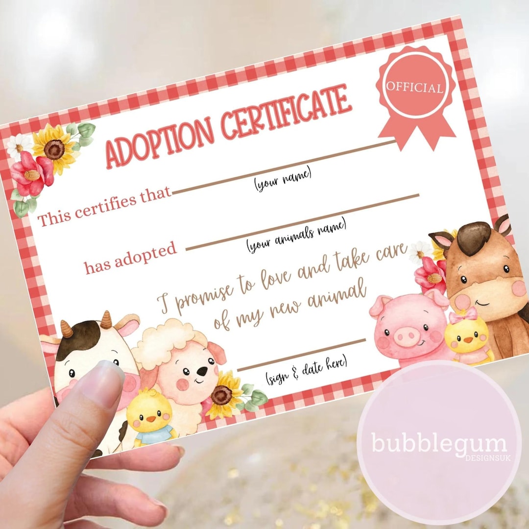 Adopt A Farm Animal Adoption Certificate, Red Barn Farm Party Favour ...