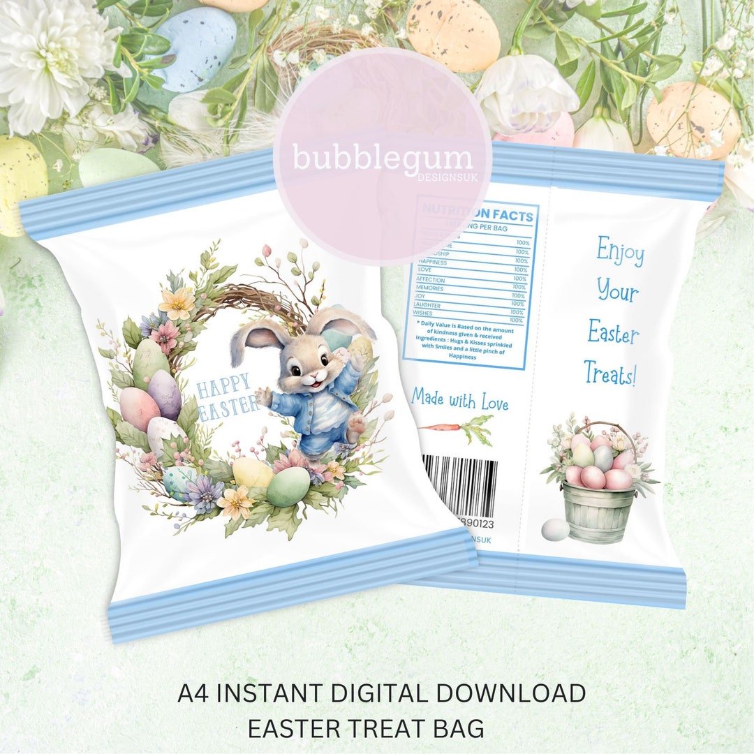 Blue Bunny Easter Treat Packet, A4 Printable JPG, Easter Treat Bag ...