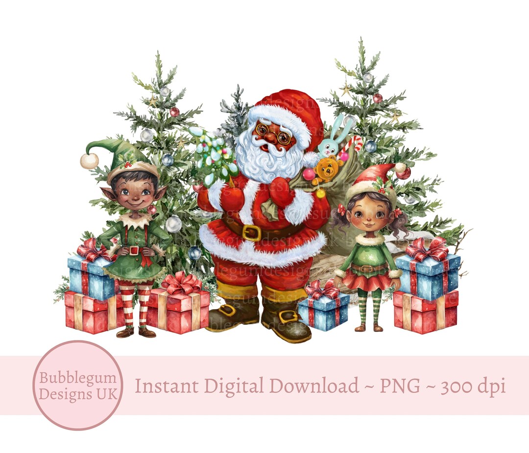 Christmas Woodland African American Santa Elves PNG, Sublimation Design ...