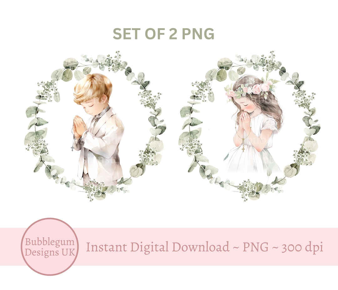 Set of 2 First Holy Communion Designs, PNG, Praying Girl & Boy Wreath ...