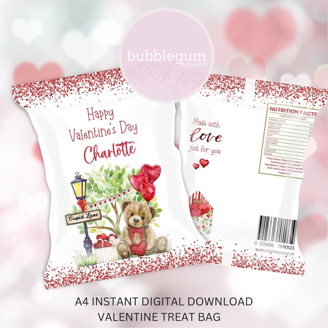 Teddy Bear & Heart Balloons Valentine's Day Treat Packet, A4 Printable ...