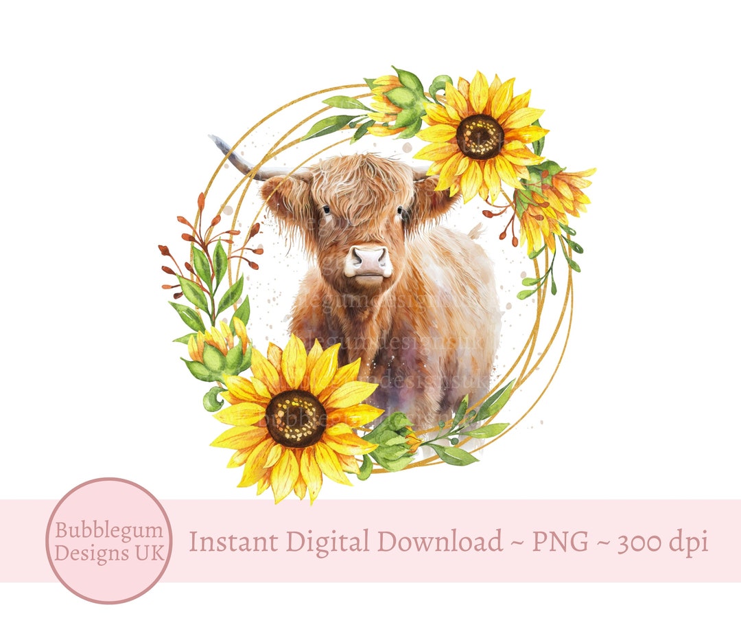 Highland Cow Sunflower Wreath PNG, Sunflowers and Cow Clip Art, Kitchen ...