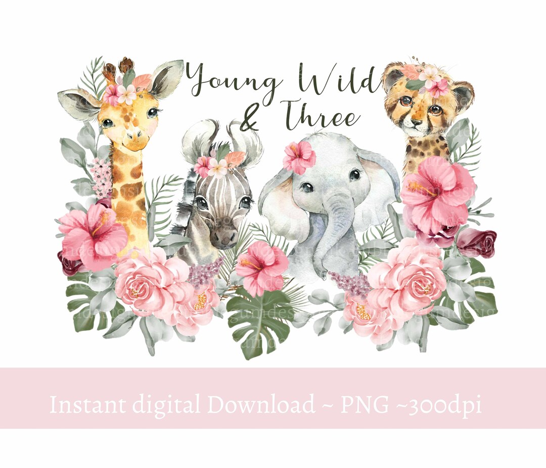 Young Wild & Three Pink Safari Animals PNG 3rd Birthday T - Etsy