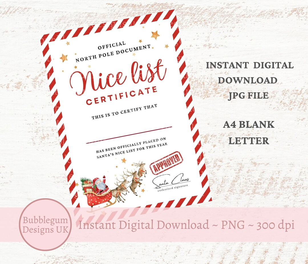 Santa's Nice List Certificate, A4 Santa Sleigh Christmas Letter, Father ...