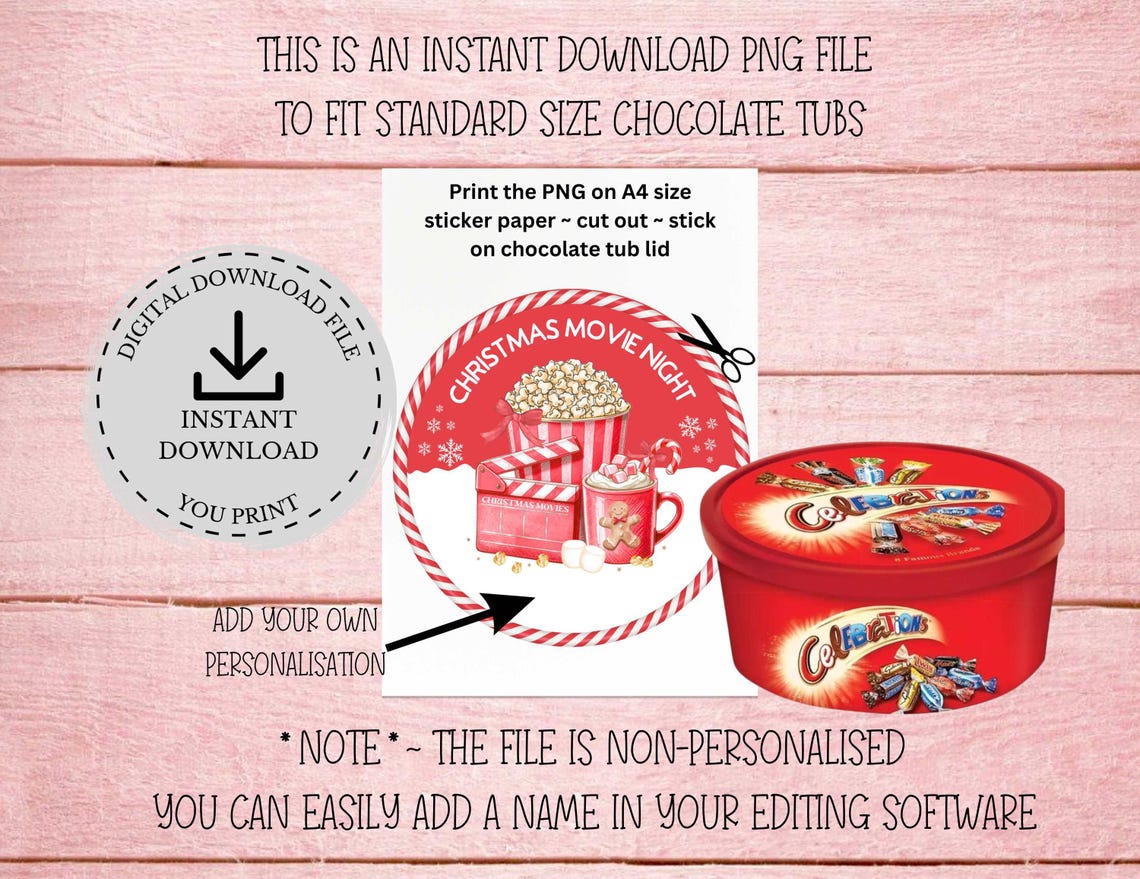 Red Christmas Movie Night Chocolate Tub Lid Design, PNG, Printable ...