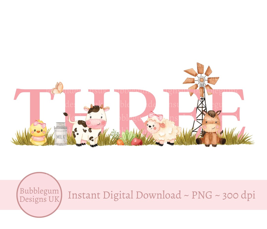 Pink Farm THREE 3rd Birthday PNG, Farm Animals Sublimation Design ...