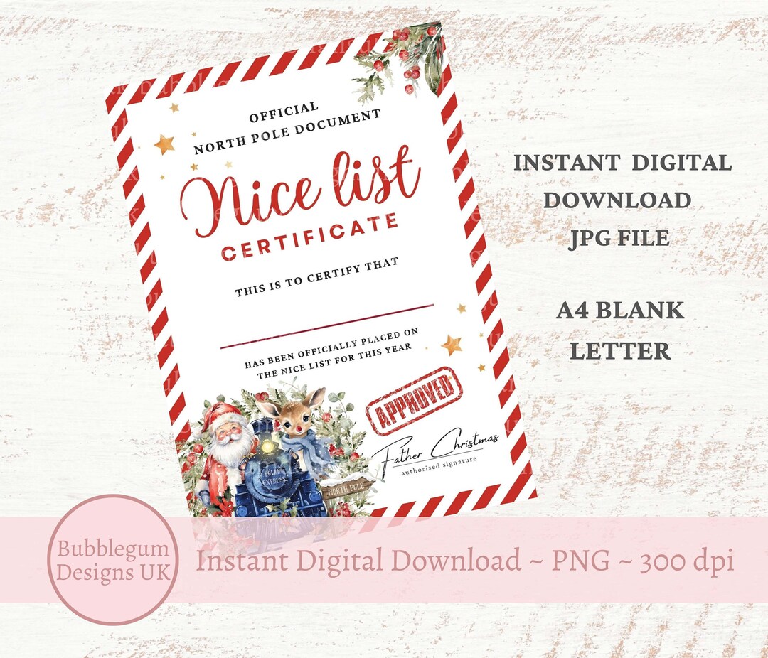 Father Christmas Nice List Certificate Letter, A4 Santa Train Christmas ...