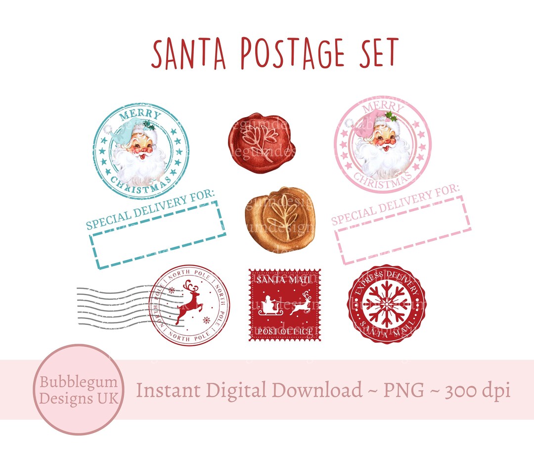 Santa Mail Postage Set PNG, Merry Christmas Pink Blue Santa Designs ...
