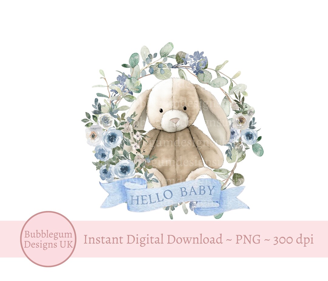 Hello Baby Blue Floral Bunny Wreath PNG, Baby Boy Sublimation Design ...