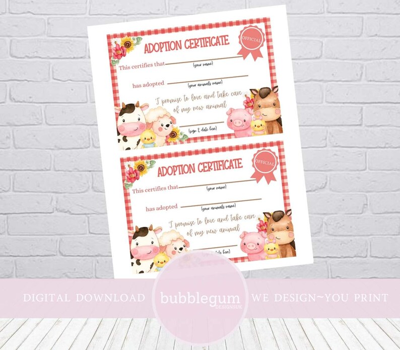 Adopt A Farm Animal Adoption Certificate, Red Barn Farm Party Favour ...