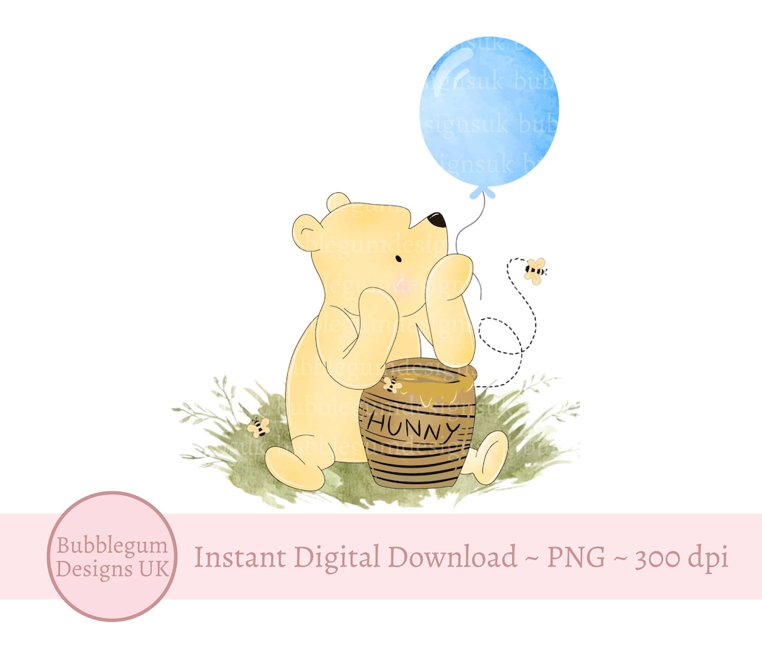 Classic Winnie the Pooh Blue Balloon Birthday Sublimation Design, PNG ...