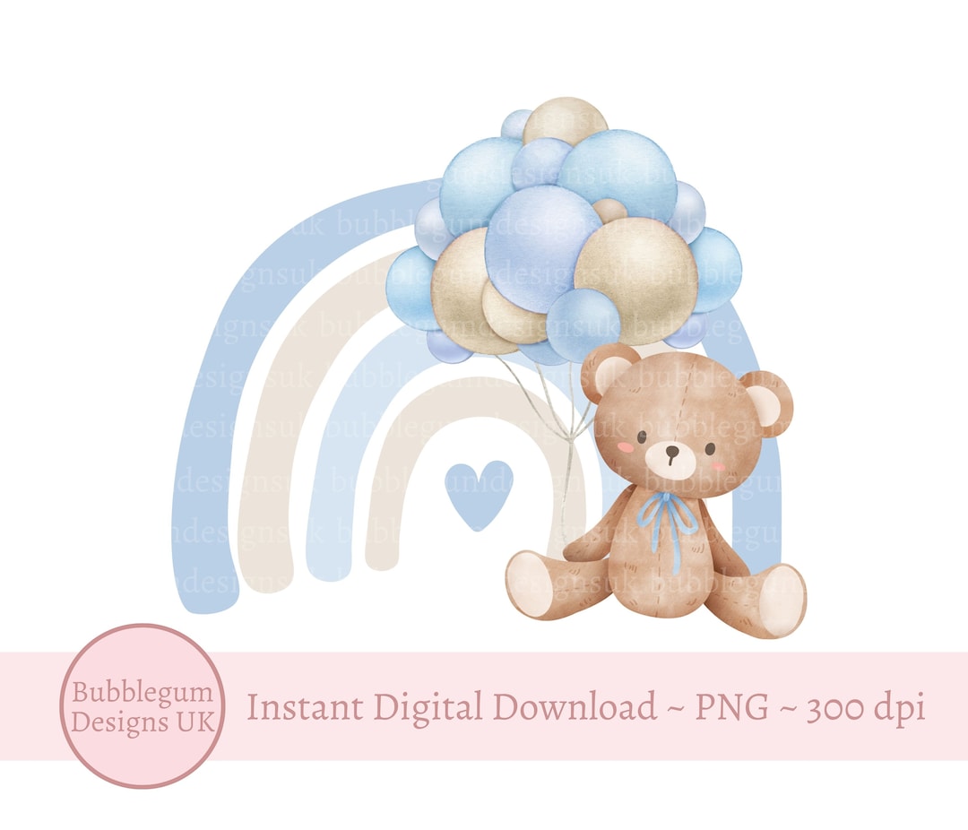Teddy Bear Blue Balloons & Rainbow PNG, Teddy Bear Clipart, Bear Baby ...