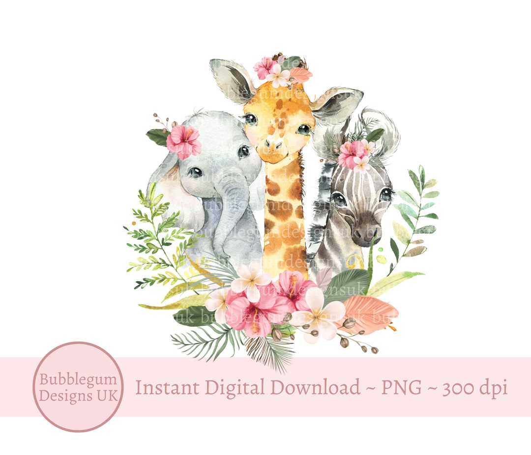 Baby Safari Animals Pink Floral PNG, Wild One, Two Wild, Girls Birthday ...