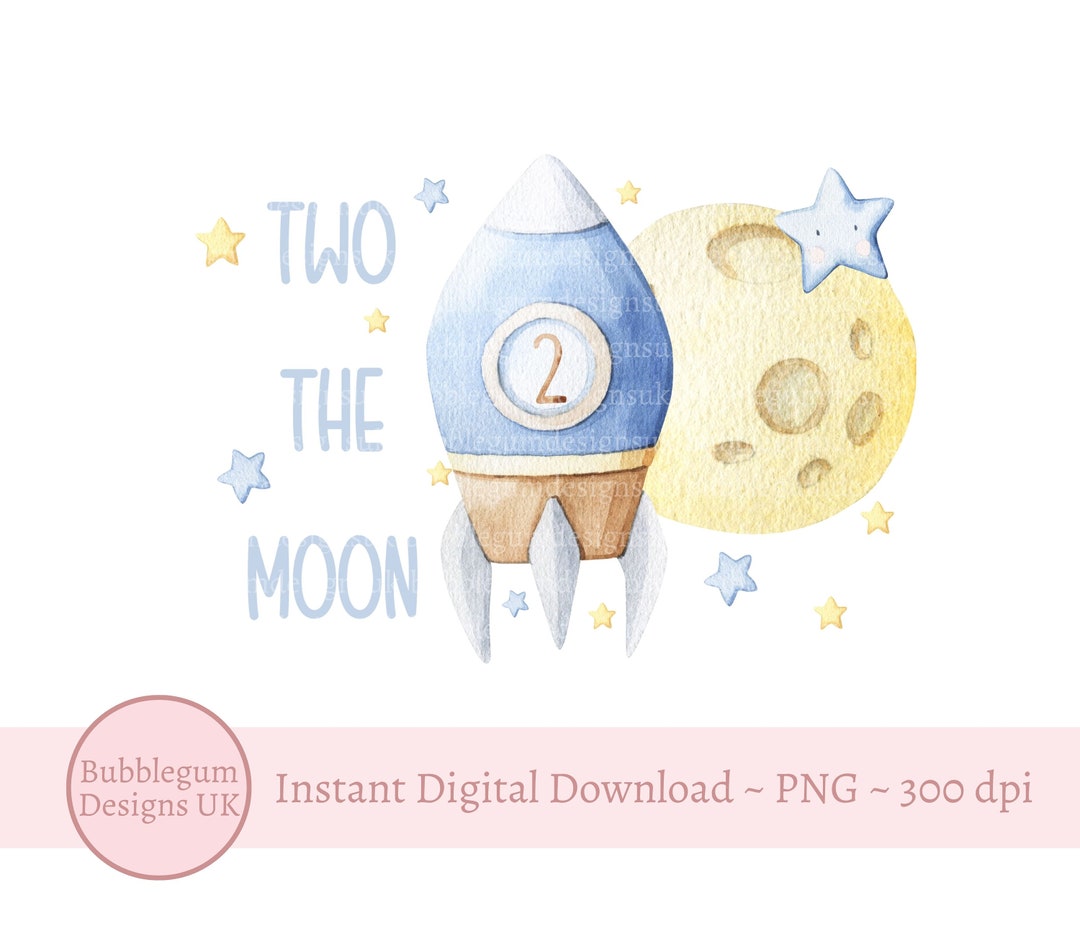 Two the Moon PNG, Blue Rocket and Yellow Moon Design, Boys Second ...