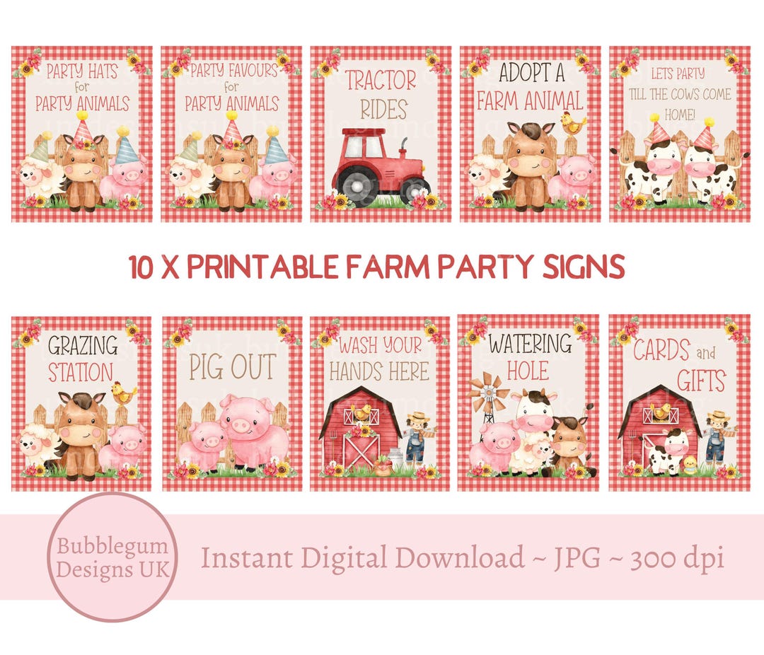 10 X Bundle Red Barn Farm Party Table Signs, Farm Birthday Decor ...