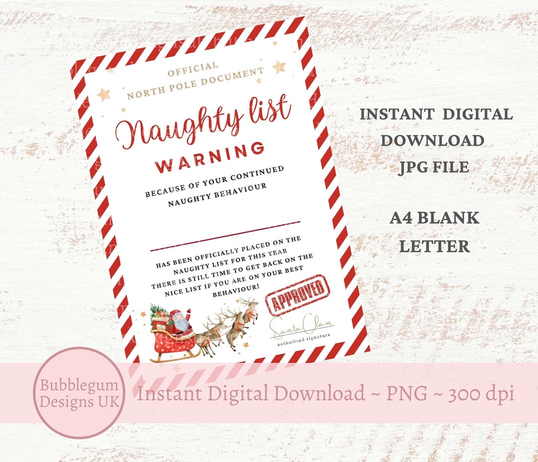 Santa's Naughty List Warning Letter, A4 Santa Sleigh Christmas Naughty ...