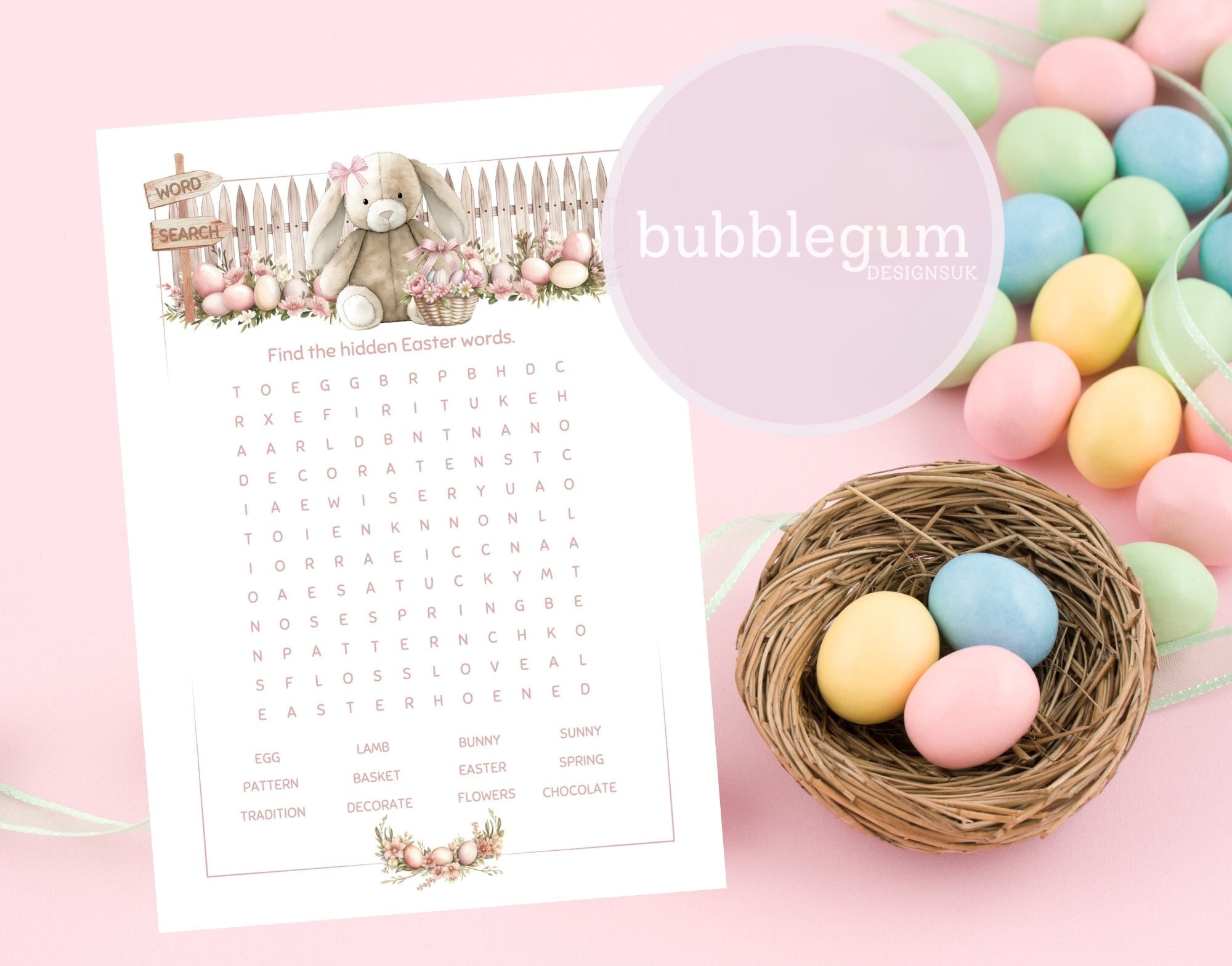 A4 Easter Bunny Wordsearch, Pink Easter Bunny Puzzle, Easter Rabbit ...