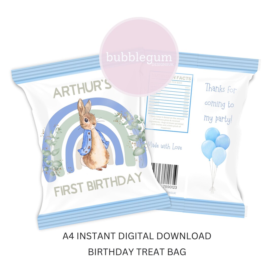 Blue Bunny Rainbow Treat Packet, A4 Printable JPG, Birthday Party Treat ...
