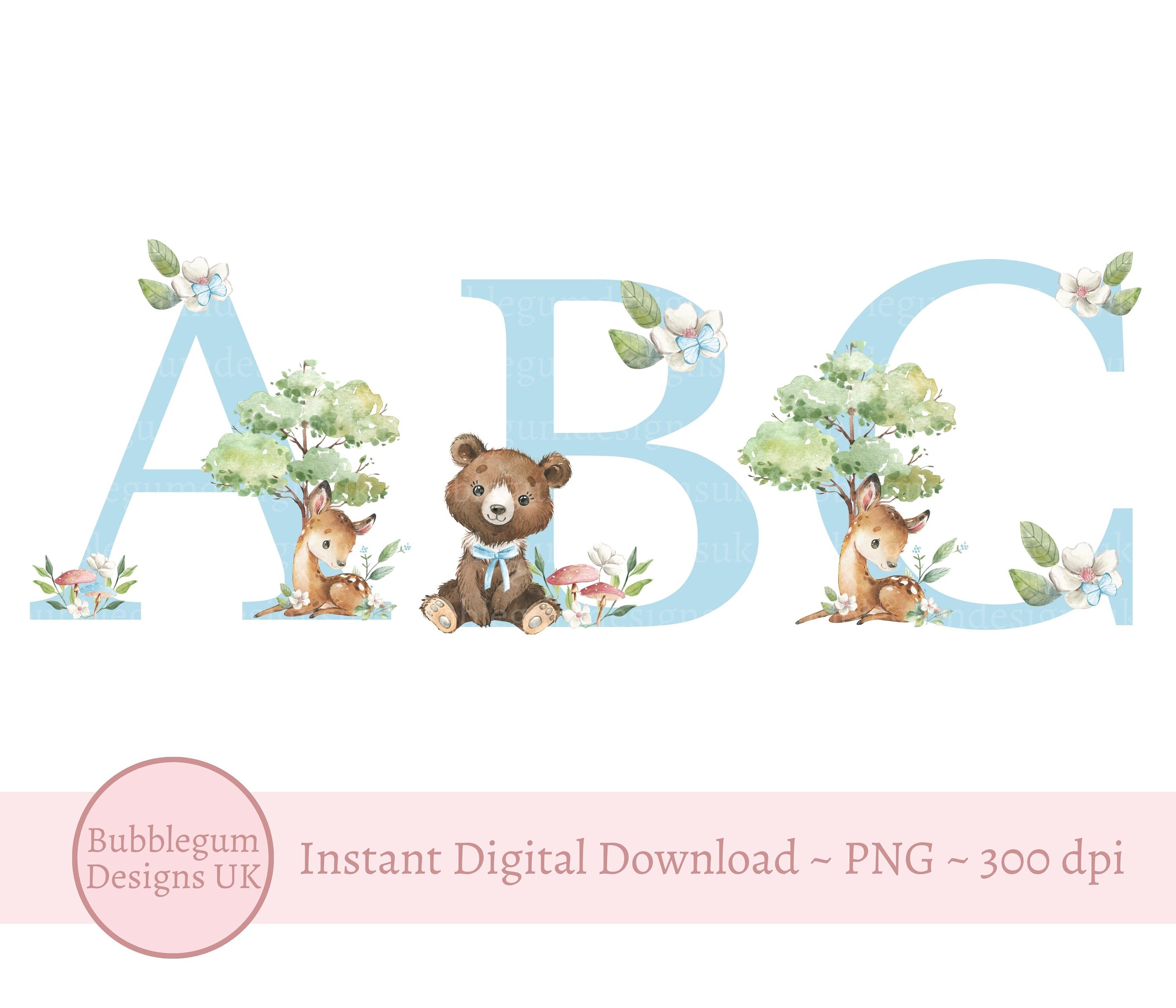 Blue Woodland Alphabet PNG, Woodland Deer, Woodland Bear, 26 Individual ...