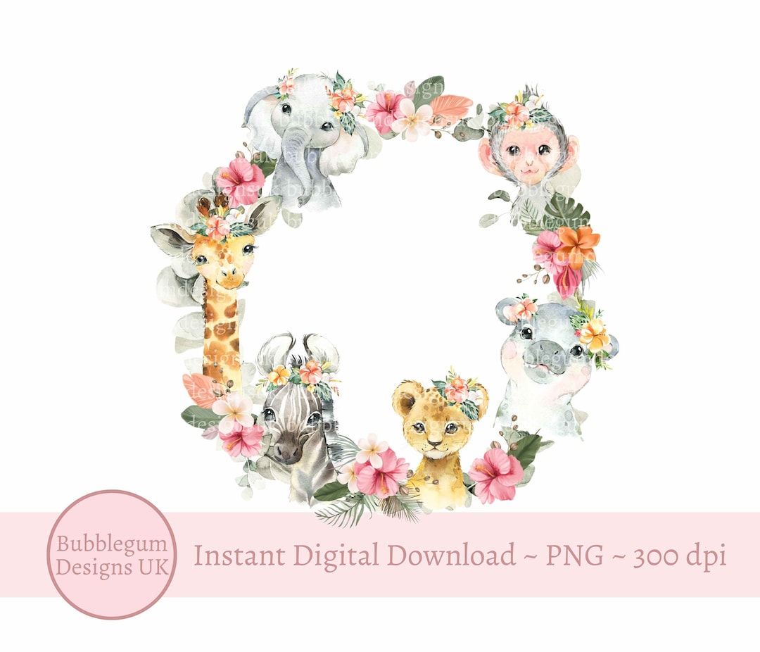 Baby Safari Animals Pink Floral Wreath PNG, Wild One, Two Wild, Girls ...