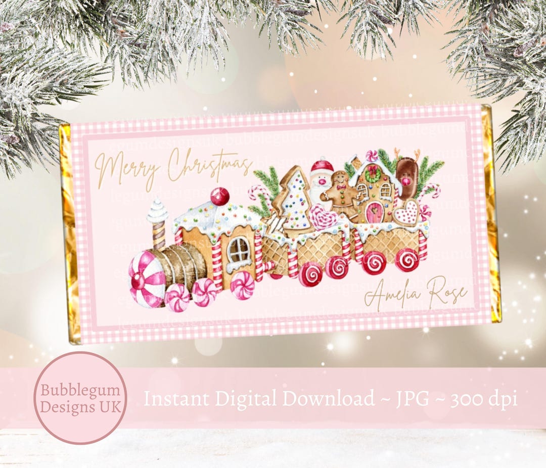 Pink Gingerbread Train Christmas Chocolate Wrapper, Printable Candy ...