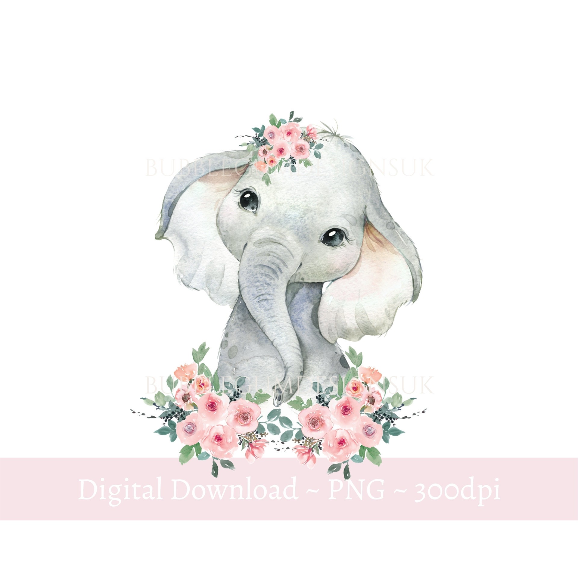 Baby Elephant Pink Floral PNG Watercolor Elephant - Etsy
