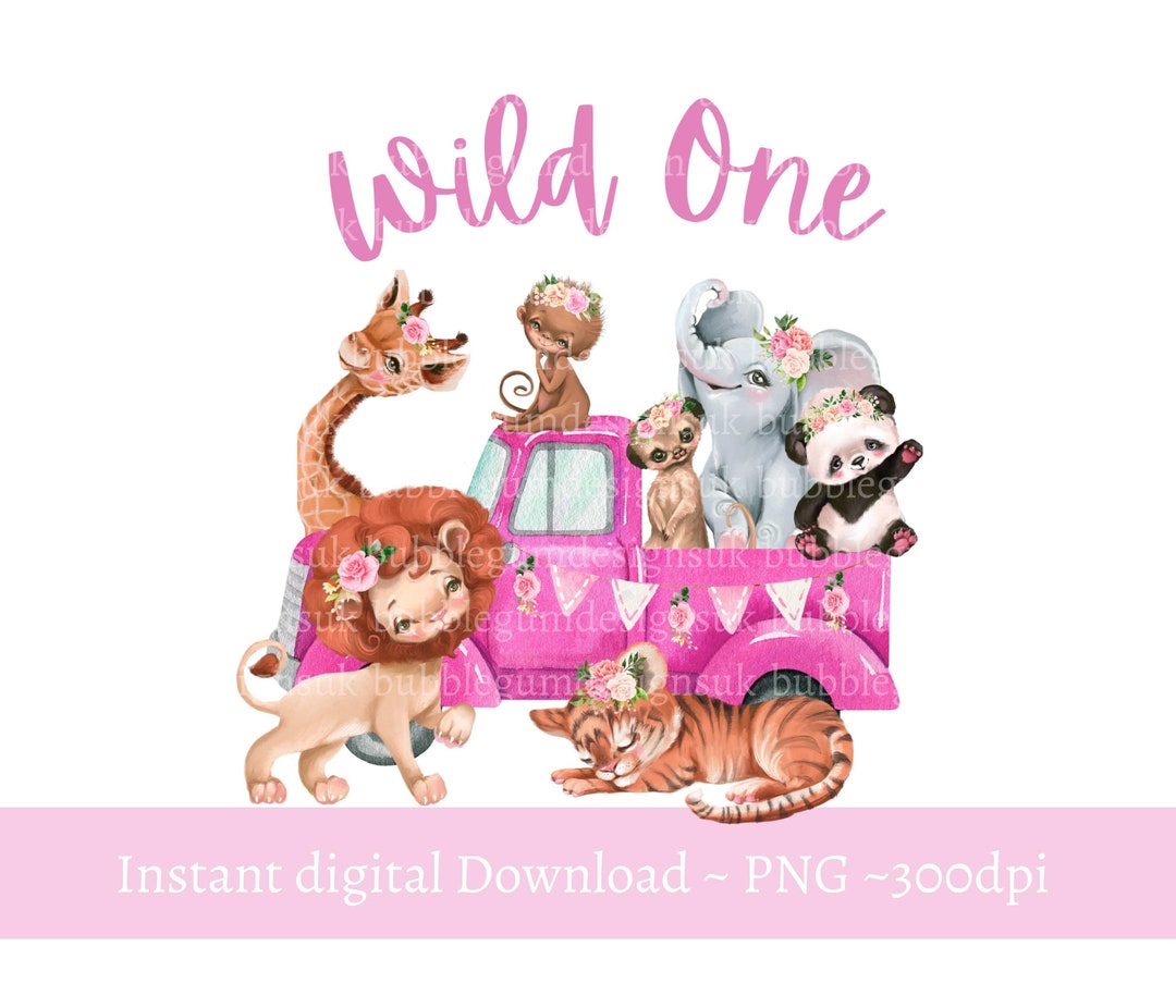 Wild One Baby Safari Animals Pink Truck PNG Watercolor Baby - Etsy