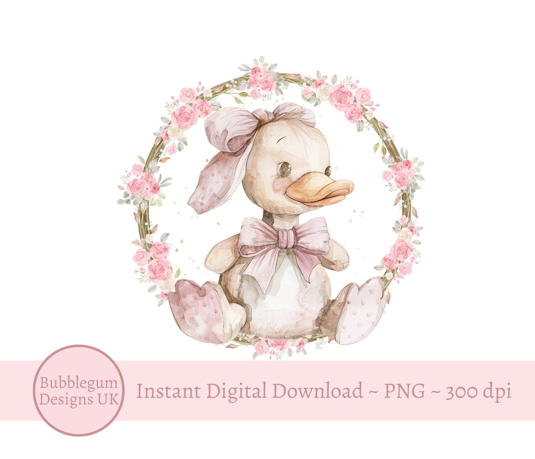 Cute Duck in Pink Rose Wreath PNG, Duck With Pink Bow Sublimation ...